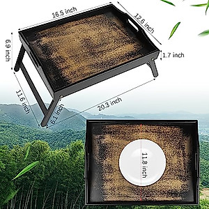 TURSTIN 2 Packs Bed Tray Bamboo Bed Trays Table with Folding Legs Breakfast in Bed Portable Food Serving Lap Tray with Handles for Eating Snack Laptop Working Bed Sofa Kitchen Bedroom, Black