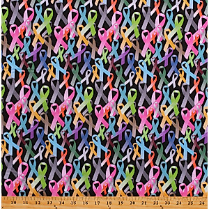 Cotton Cancer Awareness Ribbons All Cancers Colorful Bows on Black Cotton Fabric Print by The Yard (D751.18)
