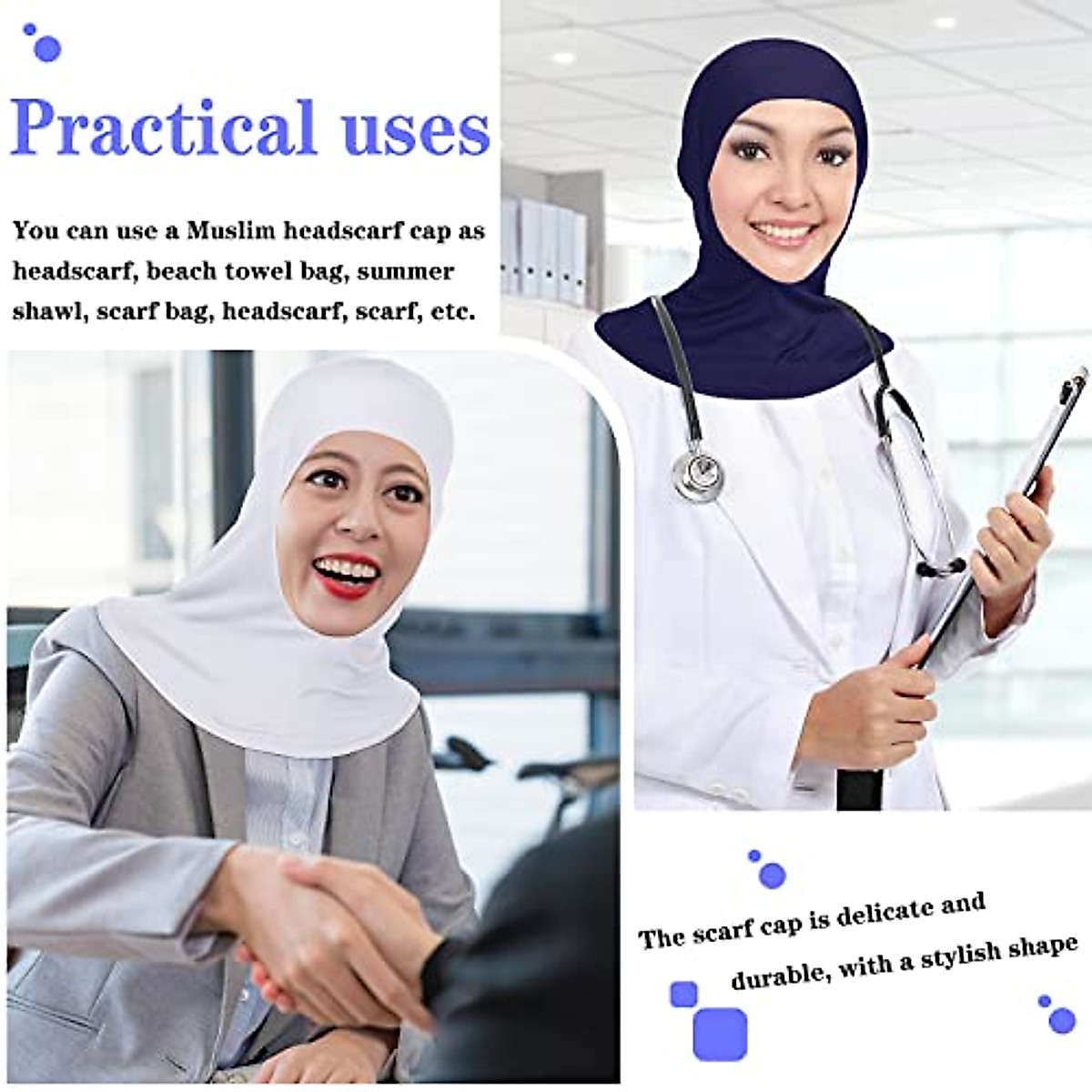 4 Pieces Modal Hijab Cap Adjustable Muslim Stretchy Turban Full Cover Shawl Cap Full Neck Coverage for Lady (Black, White, Blue, Gray)