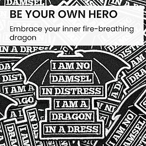 Moonmoli Embroidered Patches for Jackets, Feminist Design, I Am No Damsel In Distress I Am A Dragon In A Dress - Sew On or Iron On Patch for Clothes, Jeans, Pants, Denim, Bag, Hat - Punk Style, Black