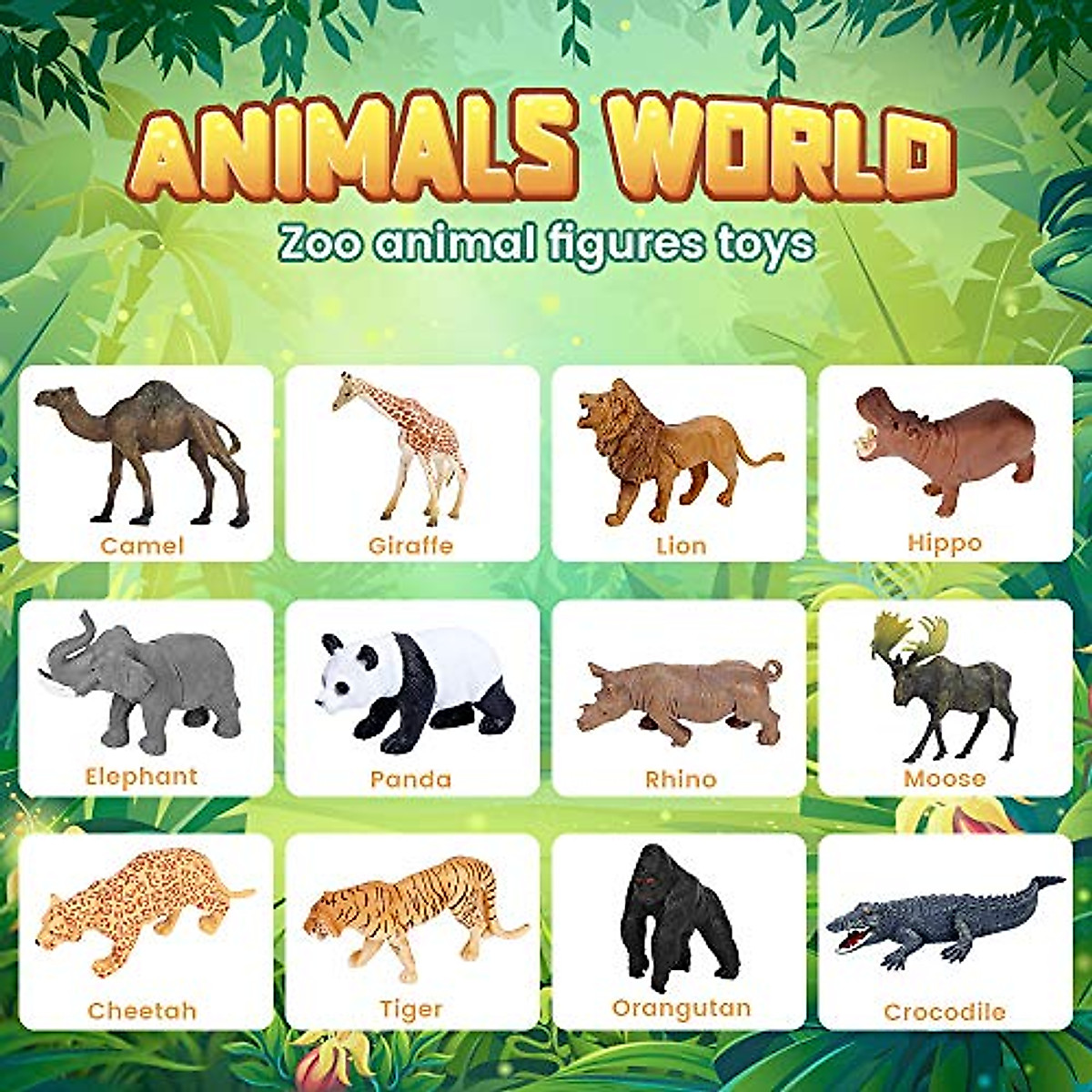 Elf Lab Safari Animal Figures, 12PCS Jungle Zoo Animals Toys, Realistic Wildlife Plastic African Animals Playset, Learning Educational Toy, Christmas Birthday Gift for Kids Children Toddlers 3-5