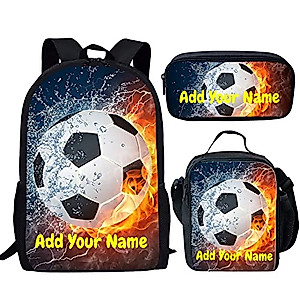 WELLFLYHOM Custom Soccer Backpack Add Your Name/Text School Bag and Lunch Box for Kids Middle School Bookbag Personalized Pencil Case Football Design Schoolbags 3 In 1 Gifts for Teen Boys