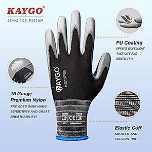 KAYGO Work Gloves PU Coated-12 Pairs, KG15P,Nylon Lite Polyurethane Safety Work Gloves, Gray Polyurethane Coated, Knit Wrist Cuff,Ideal for Light Duty Work (Large, Black)
