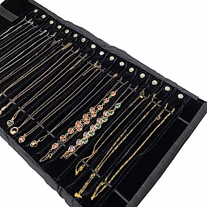 SCIKHEFT Portable Jewelry Roll Untangled Secure Necklace Travel Storage Bag Displays Holder 16 Chain (black PU and velvet)