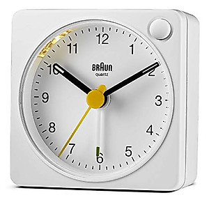 Braun Classic Travel Analogue Clock with Snooze and Light, Compact Size, Quiet Quartz Movement, Crescendo Beep Alarm in White, Model BC02XW, One