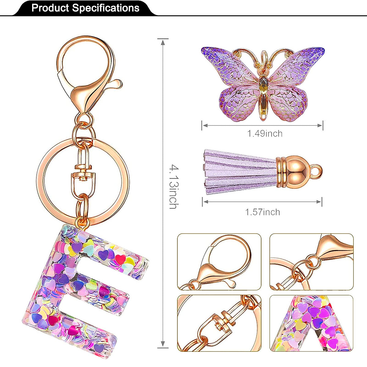 JINGUAZI Initial letter Keychains for Women Tassel Butterfly Pink Cute Car Keychain for Wallet Purses Backpack (Purple E)