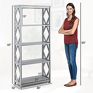 Giantex 5-Tier 61" Tall Wooden Bookshelf - Modern Freestanding Open Shelving Storage Display Shelf with Anti-toppling Device, Easy Assembly Bookcase Shelf Rack for Bedroom, Living Room, Grey