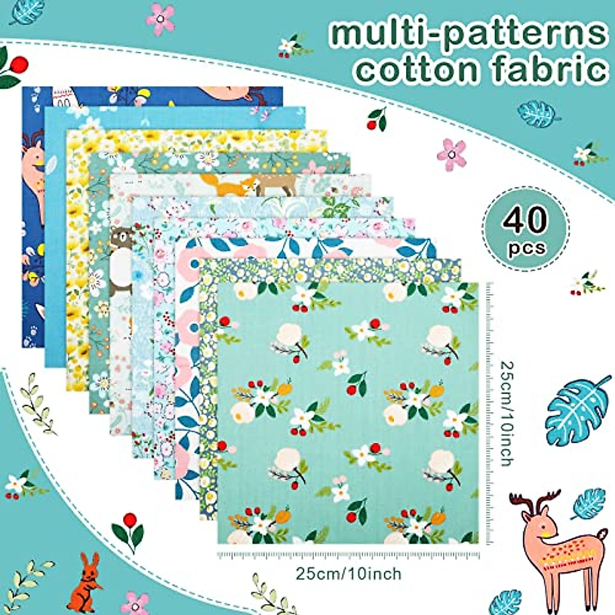 40 Pcs 10 x 10 Inches Cotton Fabric Bundle Squares Precut Fabric Squares Multi Color Floral Fat Squares Sheets for Kids DIY Craft Quilting Sewing (Classic Patterns)