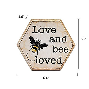Tstarer Rustic Bee Wood Hexagon Box Sign for Wall & Tabletop - Love and Bee-loved -6.4 x 5.5 in(BEE LOVED)