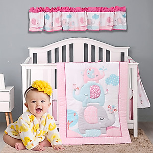 Brandream Pink Gray Elephant Crib Bedding Sets for Baby Girls | Nursery Set with Exotic Floral Design, 6 Pieces