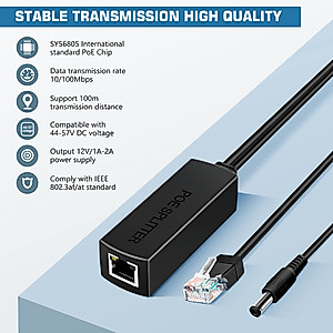 PwrON Active POE Splitter Adapter, 48V to 12V, IEEE 802.3af Compliant, 10/100Mbps up to 100 Meters for Surveillance Camera, Wireless Access Point and VoIP Phone