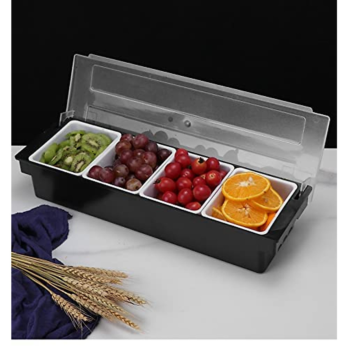 xiyeam 4 Tray Bar Top Food Condiment Dispenser Container with Lid, Plastic Garnish Station for Fruit, Veggie, Salad - Ice Cooled Topping Organizer for Home Restaurant Supplies & Serving