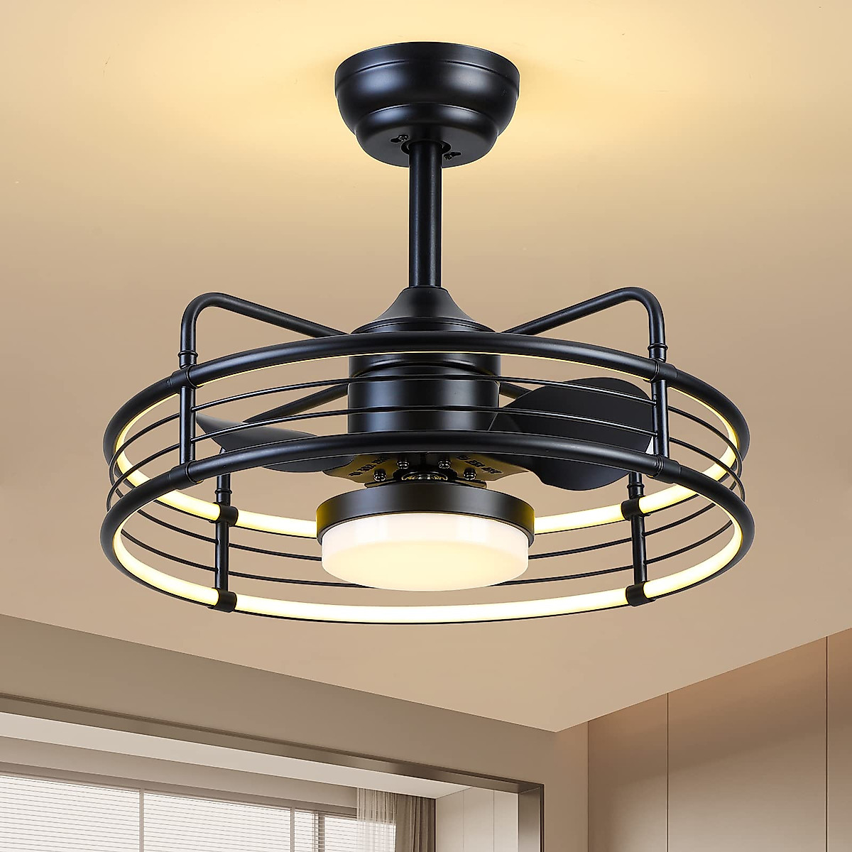 Mpayel Caged Ceiling Fan - Black Modern Ceiling Fans with Remote, Reversible and Dimmable, Low Profile Flush Mount Ceiling Fan with 6-Speed, Bladeless Enclosed Led Fan Light for Bedroom, Kitchen