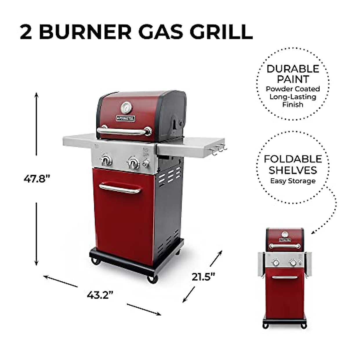 Permasteel 2-Burner Gas Grill | Cast Iron Cooking Grates, Grilling Tools Holder, Foldable Sides, PG-A40201-RD, Cabinet Style, 22000 BTUs – Red