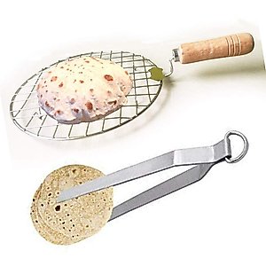 Wooden & Steel Roasting Net with Tong,Pakkad,Roasting Net,Stainless Steel Wire Roaster,Cooking Rack,Papad Grill,Chapati Grill,Roaster,Food Tong