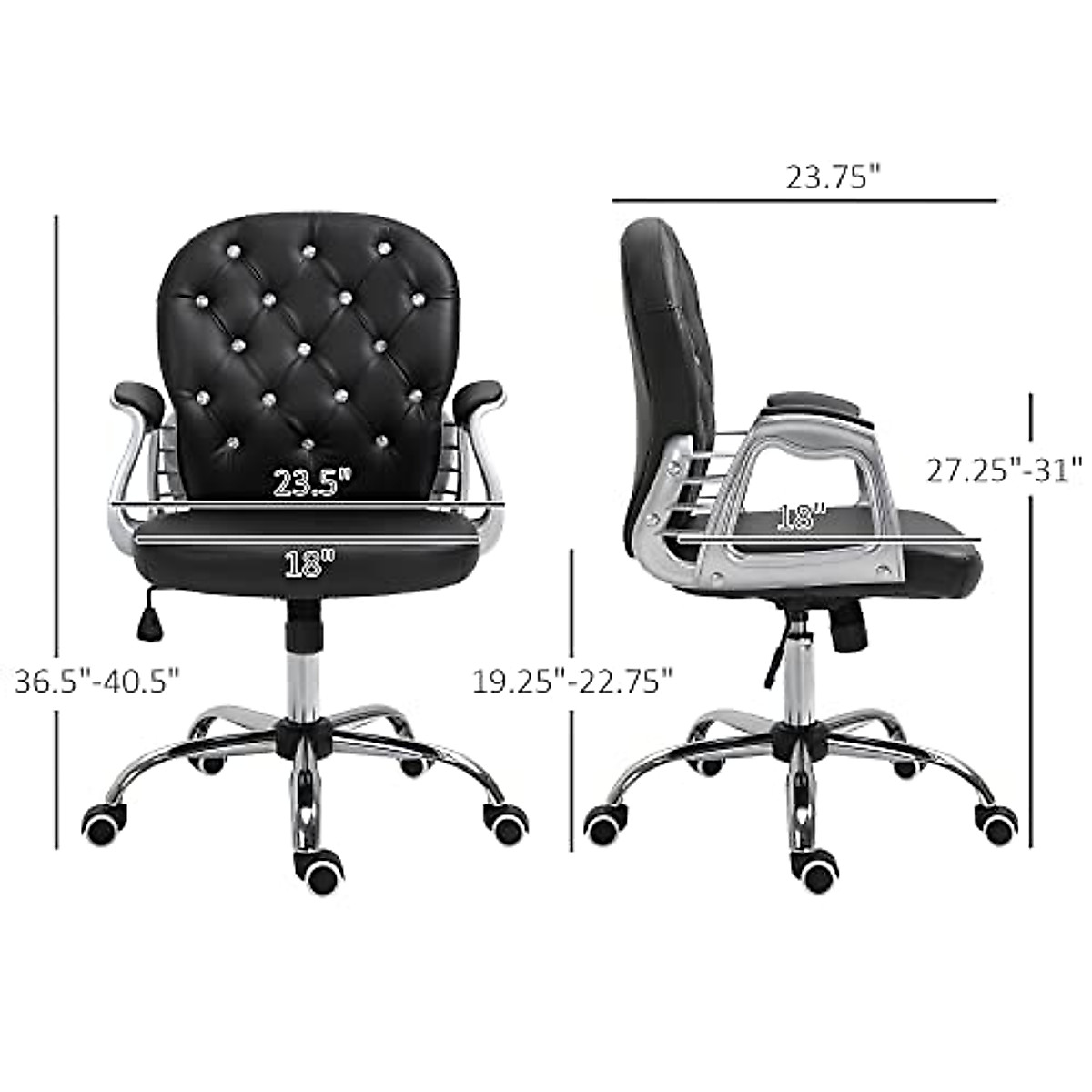 Vinsetto Vanity PU Leather Mid Back Office Chair Swivel Tufted Backrest Task Chair with Padded Armrests, Adjustable Height, Rolling Wheels, Black
