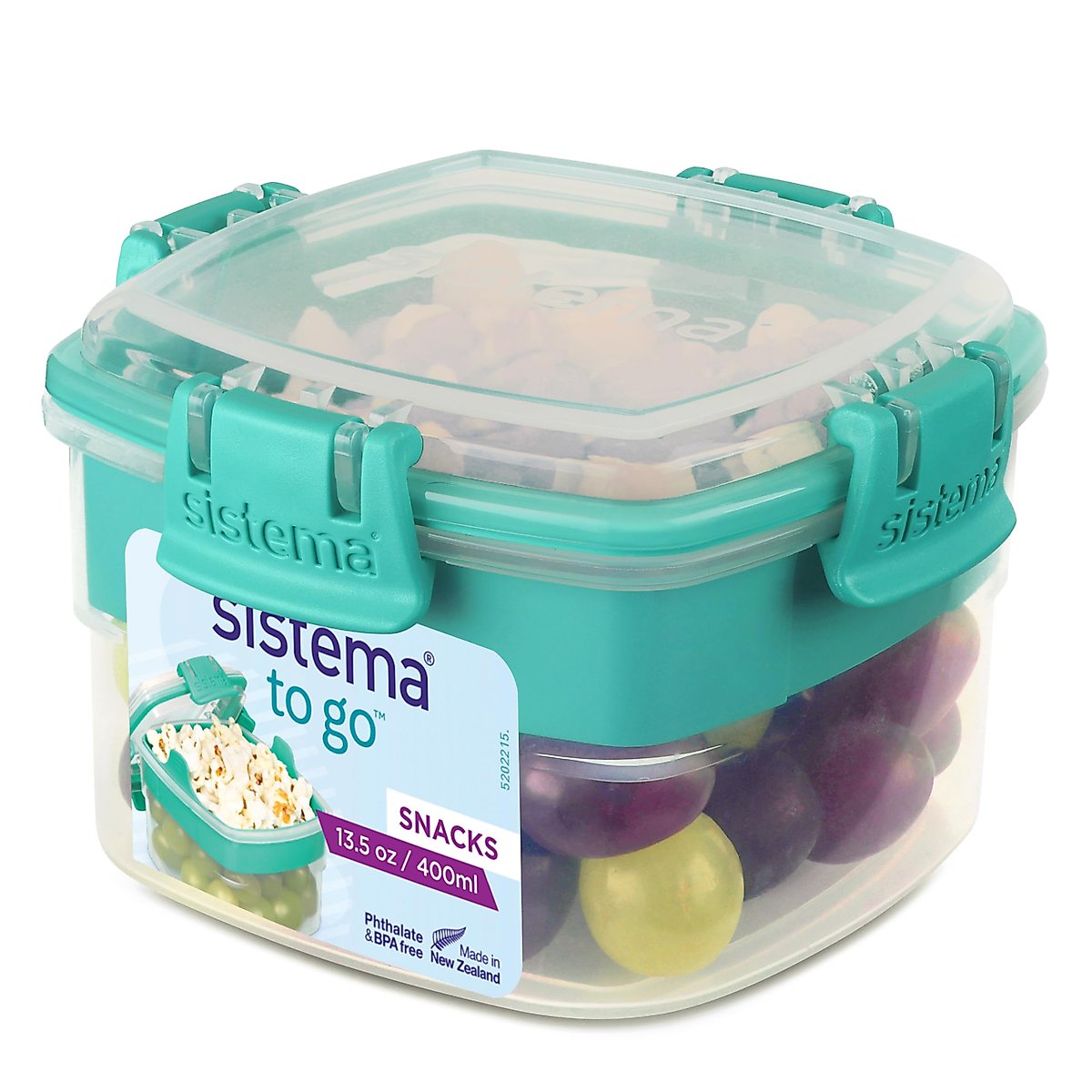 Sistema To Go Collection, 13.5 oz./0.4 L, Portable Snack Container with Separate Compartments, Flexible Seal & Easy-Lock Clips, BPA & Phthalate Free, Color May Vary