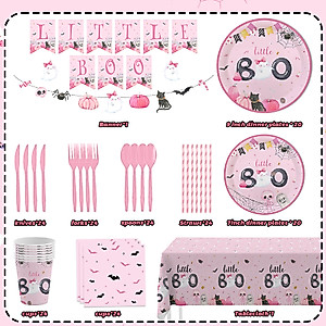 MEHOFOND Little Boo Baby Shower Decorations for Girl, Halloween Tableware set 194Pcs, Halloween Plates and Napkins for Baby Shower, Little Boo Birthday Banner, Halloween Party Supplies , Serves 24