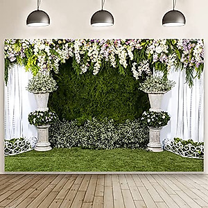 Laeacco Arch Wedding Flowers Backdrop 10x8ft Vinyl Photography Background Stone Planter Flowers White Curtain Green Ivy Wall Decoration Outdoos Ceremony Green Grassfield Backdrop