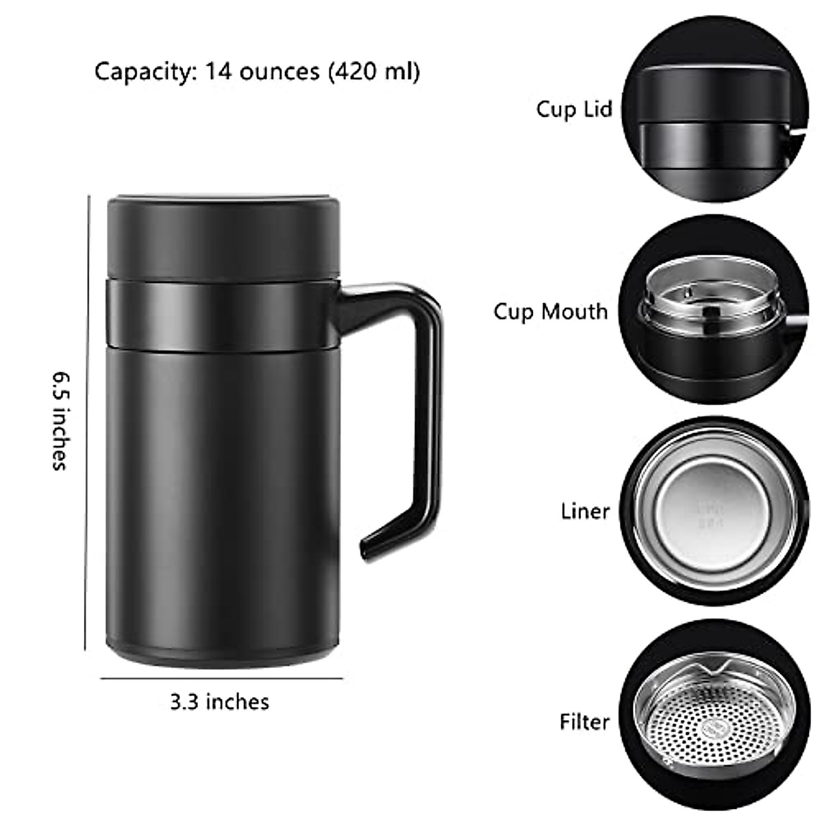 14 oz Coffee Mug, Vacuum Insulated Office Thermos Cup, Stainless Steel Camping Coffee Cup with Handle and Lid, Travel Tumbler Cup for Hot & Cold Drinks