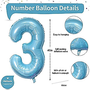 3rd Birthday Number Balloons for Kids, 40 Inch Foil Number 3 Balloons, Pastel Blue Large Self Inflating Number Balloons for Boys Men 30th Birthday Party Anniversary Party Decoration Supplies