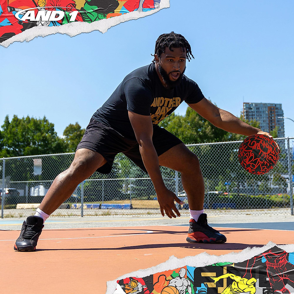 AND1 Fantom Rubber Basketball & Pump (Graffiti Series)- Official Size 7 (29.5”) Streetball, Made for Indoor and Outdoor Basketball Games (Red)