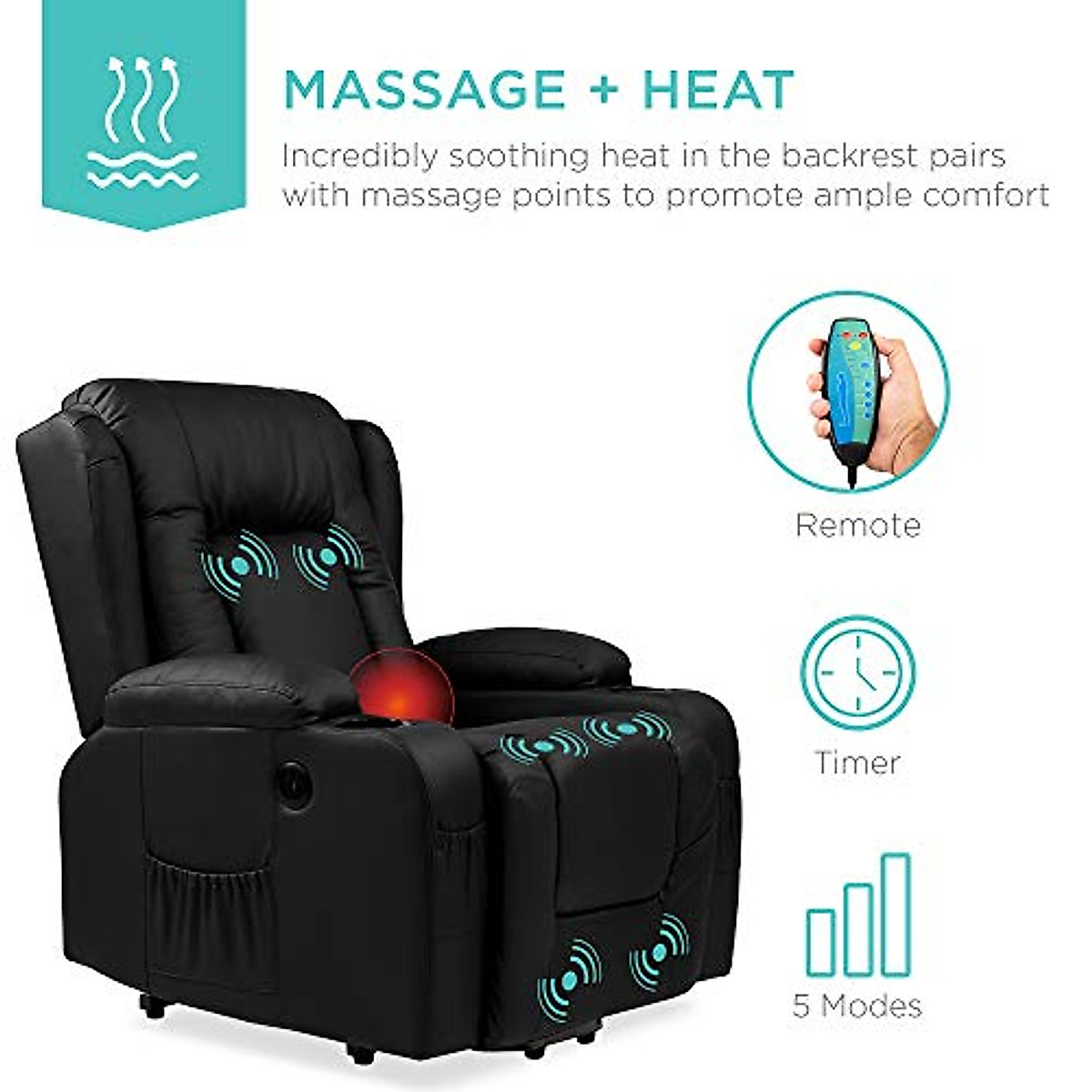 Best Choice Products Electric Power Lift Recliner Massage Chair, Adjustable Furniture for Back, Lumbar, Legs w/ 3 Positions, USB Port, Heat, Cupholders, Easy-to-Reach Side Button - Black