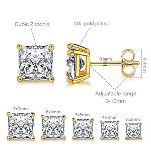 MDFUN 18K Yellow Gold Plated Princess Cut Square Clear Cubic Zirconia Stud Earring Pack of 5 Pairs