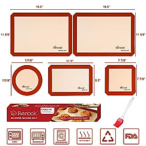 RENOOK Silicone Baking Mats Set of 5, BPA-free grade food baking mat, 100% Non-Stick Reusable Food Safe Liners & Silicone Brush- Macaron, Pastry, Cookie.