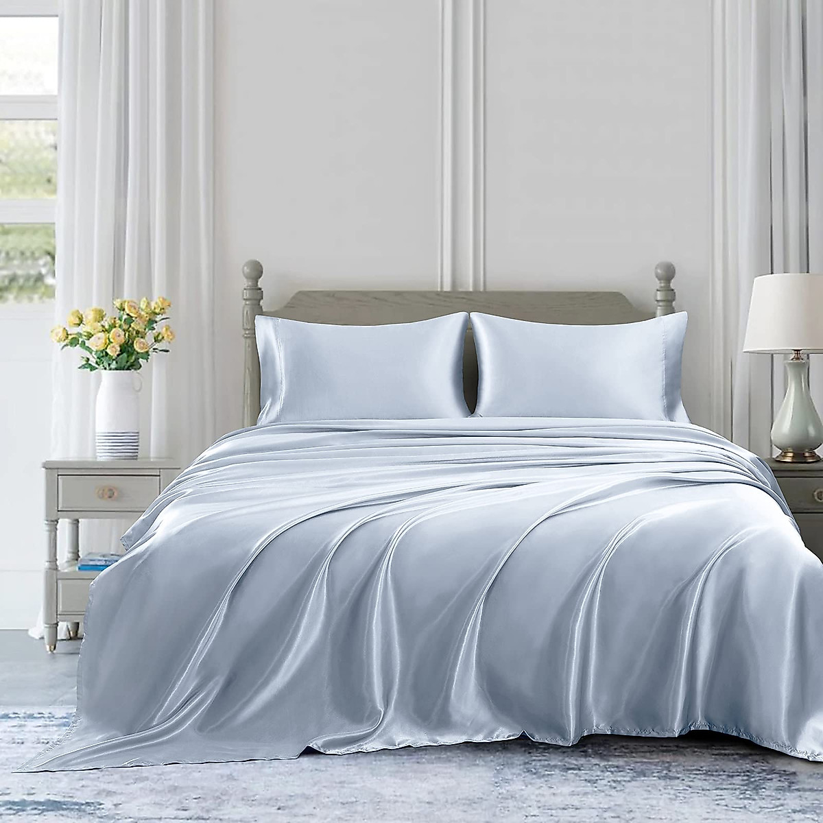 4 Piece Satin Sheet Set Bedding Set Full Size Bedding Set 4 Piece Baby Blue Durable & Soft (Flat Sheet + Fitted 15'' + 2 Pillowcases) Bedding Satin Sheets