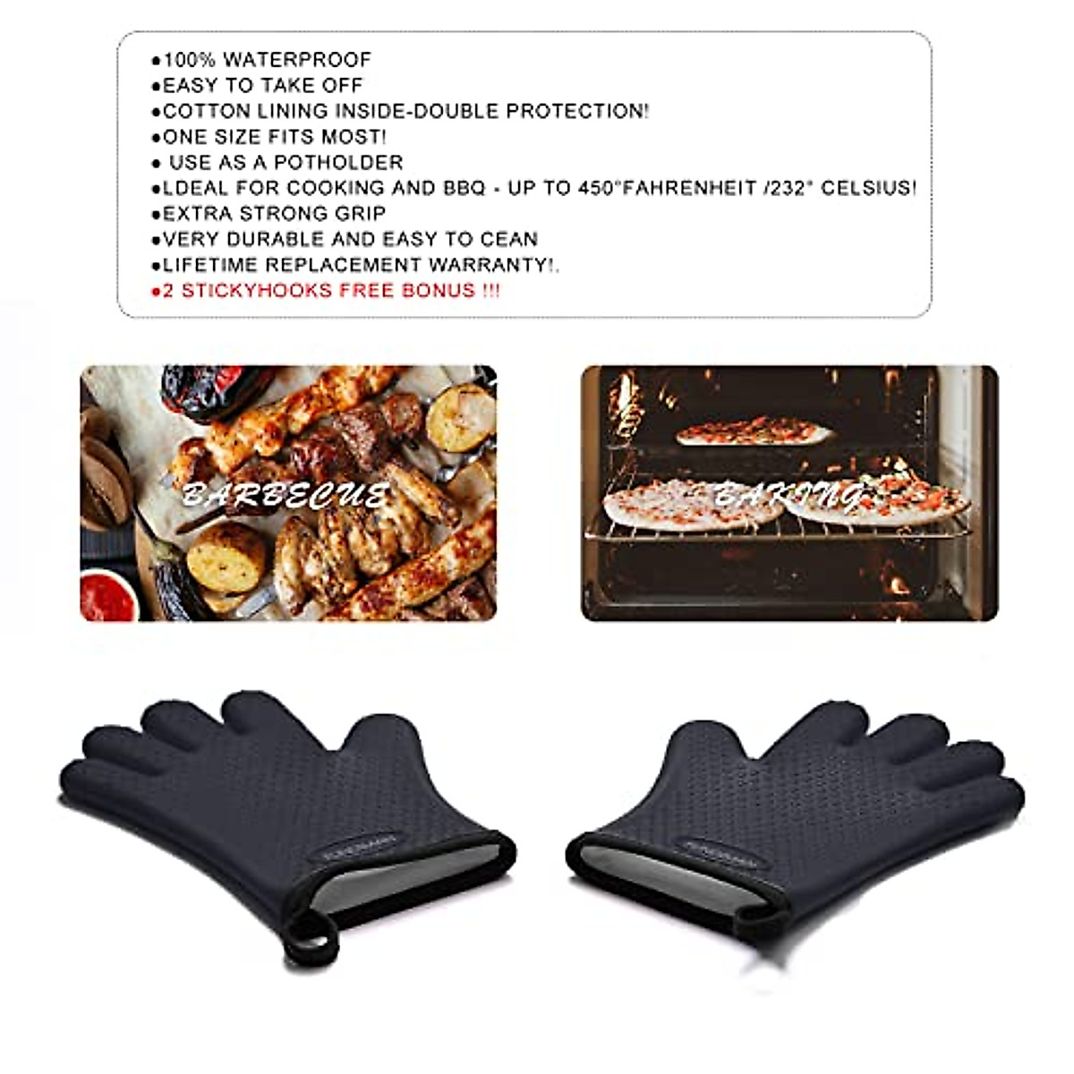 Kitchen Oven Gloves,Silicone and Cotton Double-Handle Hot Food Right on Your Grill Fryer,Layer Heat Resistant Oven Mitts/BBQ Gloves/Grill Gloves-Perfect for Baking and Grilling,10.8x7.7inches,Black