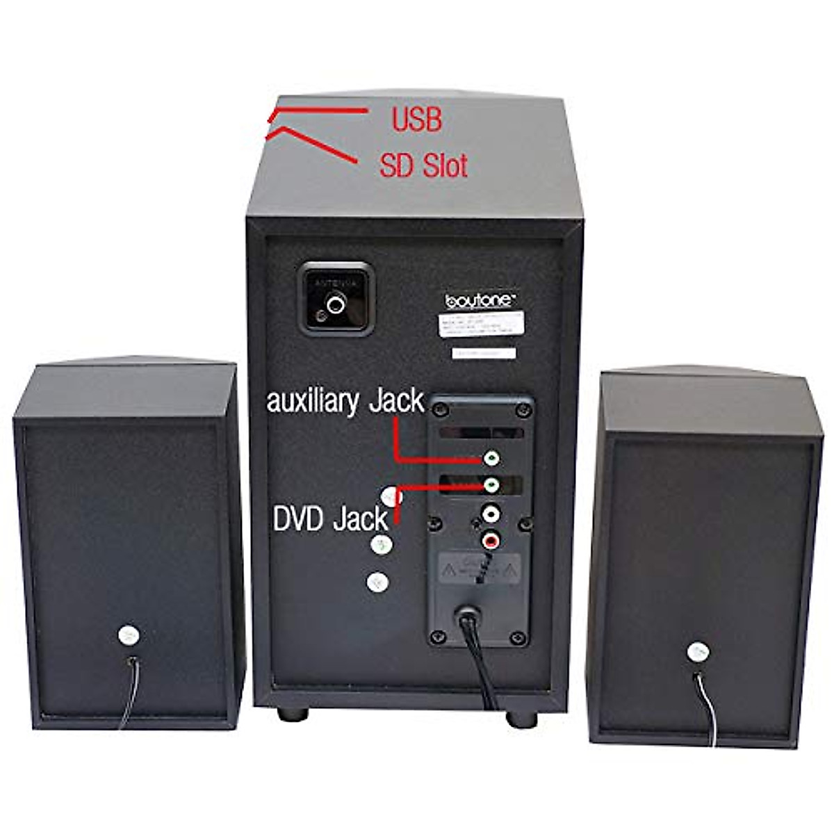 Boytone BT-626F, 2.1 Bluetooth Powerful Home Audio Speaker System, with FM Radio, SD Slot, USB Ports, Digital Playback, 54 Watts, Disco Lights, Remote Control, for Smartphone, Tablet. 110/220V