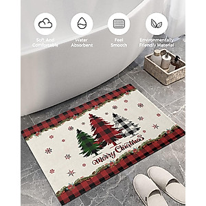 Indoor Doormat Xmas Tree Winter Snow,Shaggy Floor Mat with Non-Skid Backing Pine Cones Red Black Buffalo Check,Machine Washable Plush Area Rug Carpets for Kitchen Nursery Bedroom 16x24in