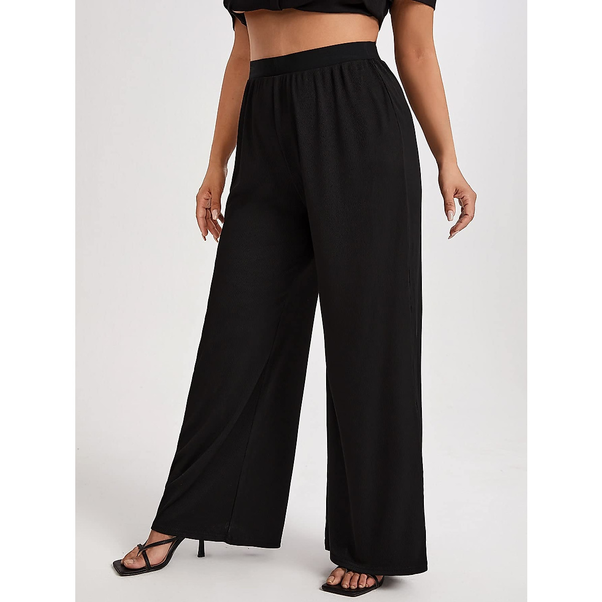 WDIRARA Women's Plus Size Wide Leg Palazzo Pants Elastic High Waisted Loose Trousers Black 1XL