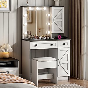 31.5" Makeup Vanity Desk with Mirror and Light, Farmhouse Vanity with 2 Drawer&Power Outlet, 3 Color Lighting Modes, Bedroom Vanity Desk for Girls, Women