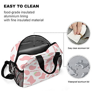 Fashion Insulation Strawberry Lunch Bag with Shoulder Strap Durable Pink Cow Print Lunch Box Waterproof Lunch Tote Bag with Pockets for Girl Women