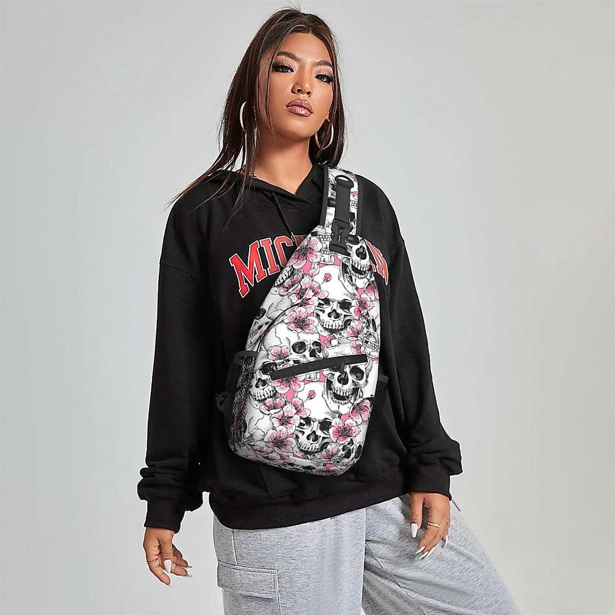 Famame Sugar Skull Skeleton Flower Pink Sling Backpack Chest Bag Crossbody Shoulder Bag Gym Cycling Travel Hiking Daypack For Men Women, Multicolor