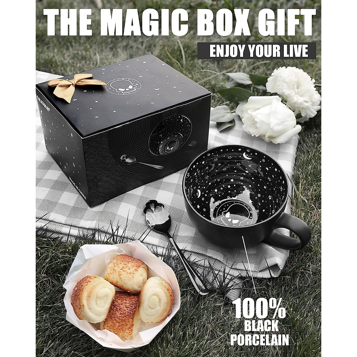 Taruzil Midnight Skull Coffee Mugs with Spoons, Halloween Christmas Birthday White Elephant Gifts for Adult Women Men Friends, Spooky Witchy Gag Fun Gifts Gothis Decor Novelty Tea Cups