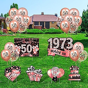 Rose Gold 50th Birthday Decorations for Women 6Pcs 50th Birthday Yard Signs Made in 1973 Lawn Sign & 18Pcs Rose Gold 50th Birthday Balloons for 50 Years Old Party Anniversary Outdoor Decor Supplies