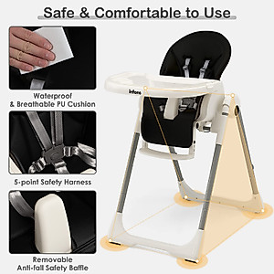 INFANS High Chair for Babies and Toddlers, Foldable Highchair with 7 Different Heights 4 Reclining Backrest Seat 3 Setting Footrest, Removable Tray Built-in Rear Wheels with Locks (Black)