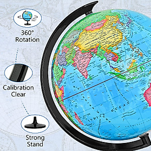 World Globe with Stand, 13" Desk Classroom Decorative Globe for Students & Geography Teachers, 360° Horizontal Rotation, Full Length 19.7 inch World Globe Map with Clear Text Markings, Blue