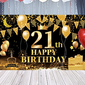 Happy 21th Birthday Backdrop Banner Black Gold 21th Sign Poster 21 Birthday Party Supplies for Anniversary Photo Booth Photography Background Birthday Party Decorations, 72.8 x 43.3 Inch