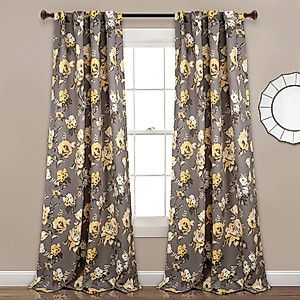 Lush Decor Tania Curtains | Floral Garden Light Filtering Window Panel Set for Living, Dining, Bedroom (Pair), 84” x 52”, Gray and Yellow