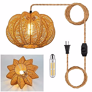 tebio Plug in Pendant Light Rattan Hanging Lights with Plug in Cord 15FT Hemp Rope Cord, Dimmable Switch – Indoor hanging lamps for Boho Living Room Bedroom（Bulb Included） 11 x 7 inch