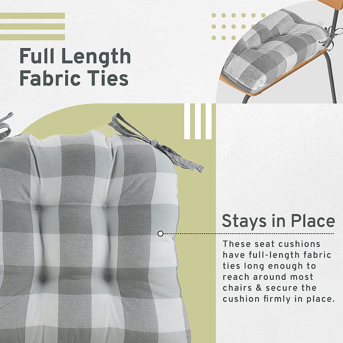 Arlee Home Fashions – Fiber Filled Premium Chair Pads - Chair Pads with Tiebacks –14” L X 15” W – Gray - Set of 4