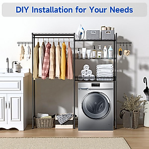 Over the Washer and Dryer Storage Shelf, Height Adjustable Laundry Room Organization Shelf, Clothes Drying Rack for Laundry Room Organization and Storage with Wire Basket, Hanging Rods and Side Hooks
