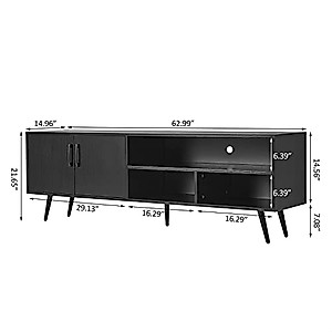 Panana 62.99" TV Stand Television Stands TV Console Unit with 3 Open Cubby and 2 Doors Big Storage Cabinets for Living Room Bedroom for TVs up to 70 Inches (Black 2 Doors + 3 Open Shelves)