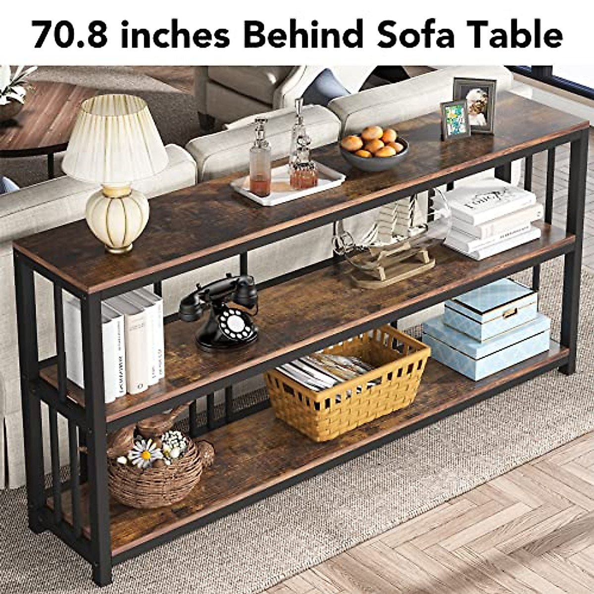 Tribesigns Long Console Table, 70.89 inches Sofa Table, 3 Tier Entryway Table, Industrial Hallway Table, Large Storage Accent Table for Living Room Garage, Rustic Behind Couch Table