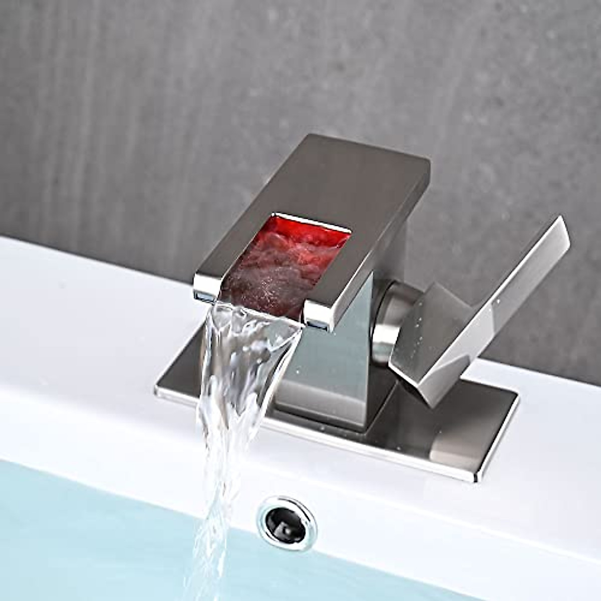 AVSIILE LED Bathroom Sink Faucet, Brushed Nickel Waterfall Single Hole Handle RV Bath Vanity Faucets for Sinks 1 Hole with Metal Pop Up Drain and 2 Water Supply Lines, Side Handle