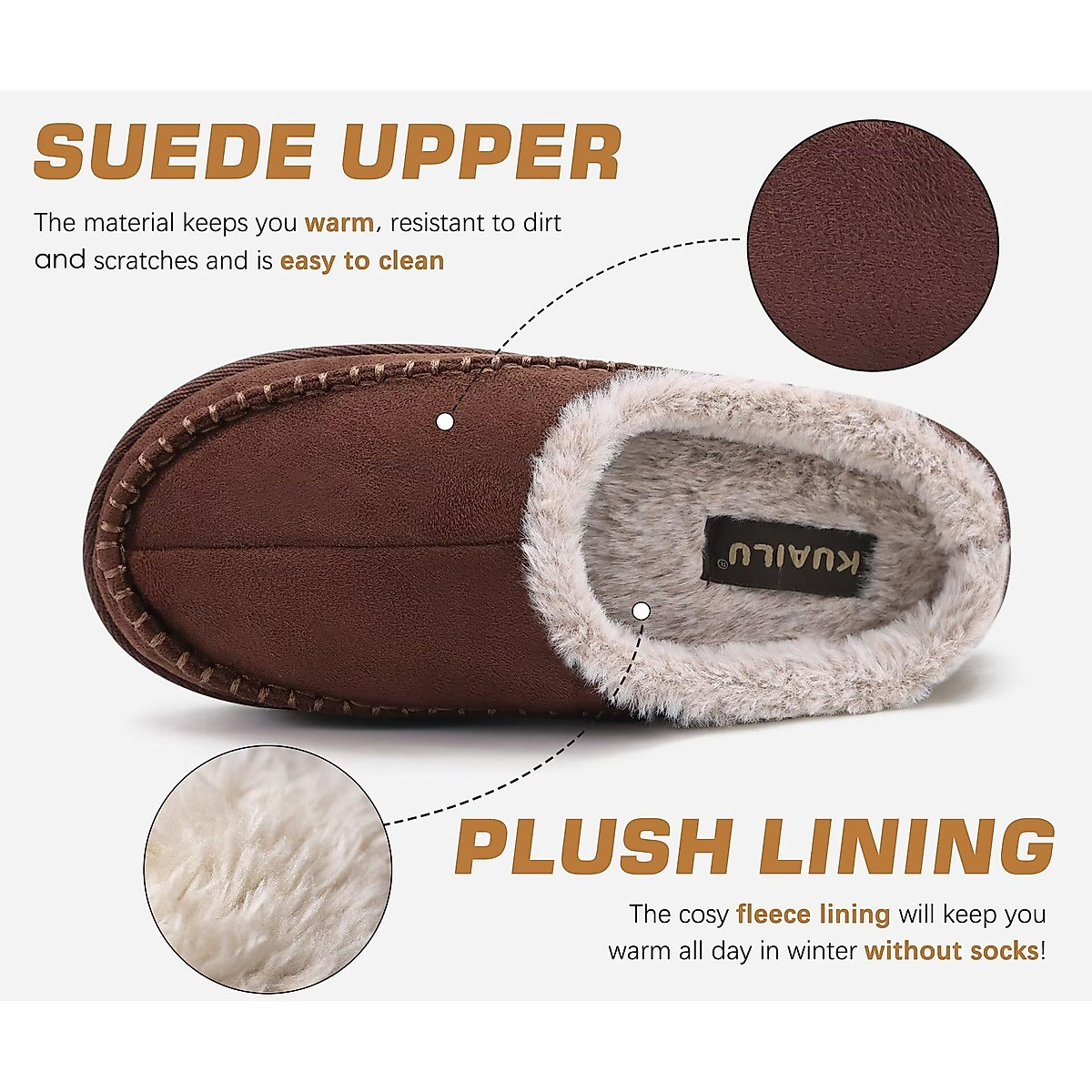 KuaiLu Mens Slippers with Orthotic Arch Support Suede Faux Fur Fluff Plush Wool-like Warm House Shoes Comfortable Slip-on Bedroom Indoor Outdoor Clogs Slippers for Man, Size Brown 11